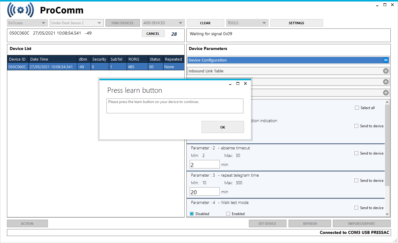 Using ProComm software to configure Pressac products