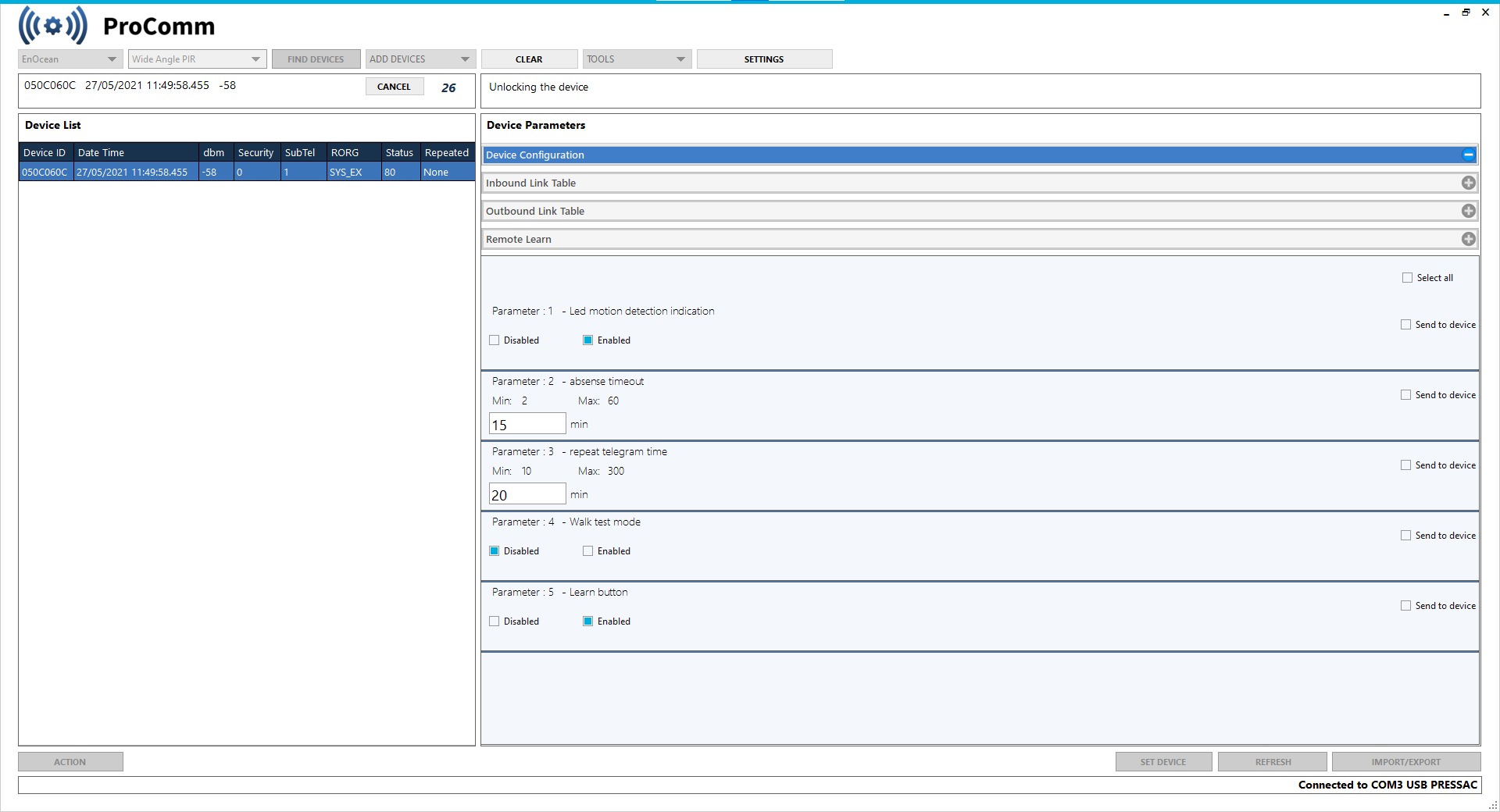 Using ProComm software to configure Pressac products